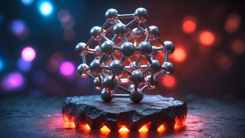 Silver Metallic Molecular Structure on Dark Rock Base Illuminated by ...