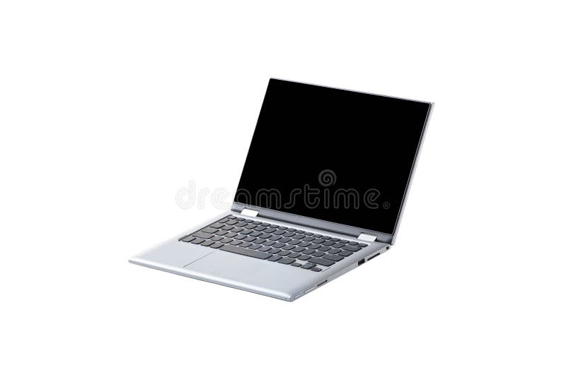 Silver Metallic Open Laptop with Empty Black Screen, Side View ...