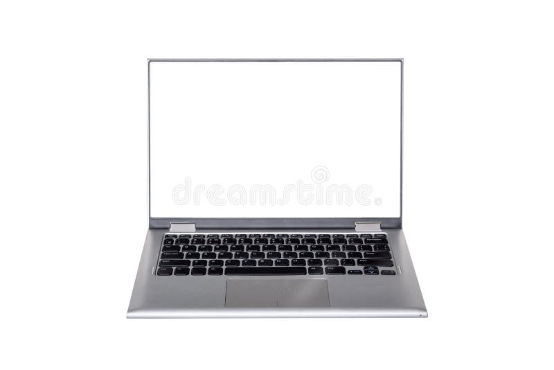 Silver Metallic Open Laptop with Empty Screen, Front View, Isolated on ...