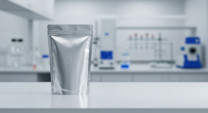 Silver Metallic Pouch Mockup in a Laboratory Setting with Equipment ...