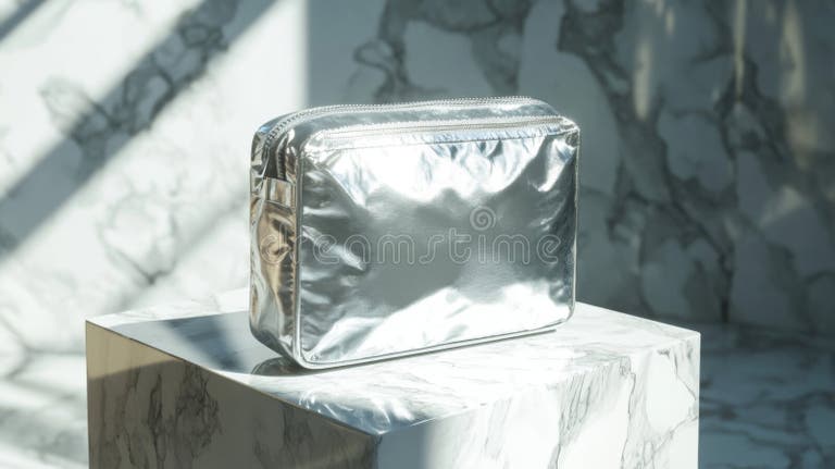 Silver Metallic Rectangular Bag on Marble Display Stock Illustration ...