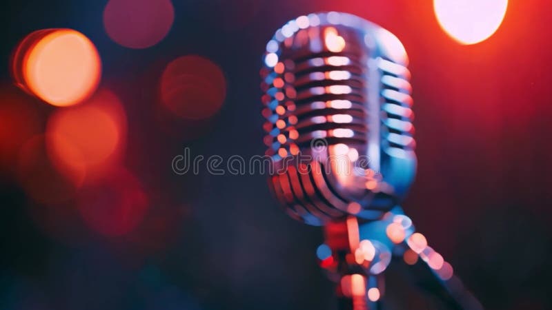A Silver Microphone on a Stand in Front of a Stage with Red and Blue ...