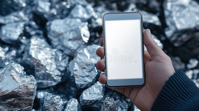 Hand Holding Smartphone with Blank White Screen. Background Mining ...