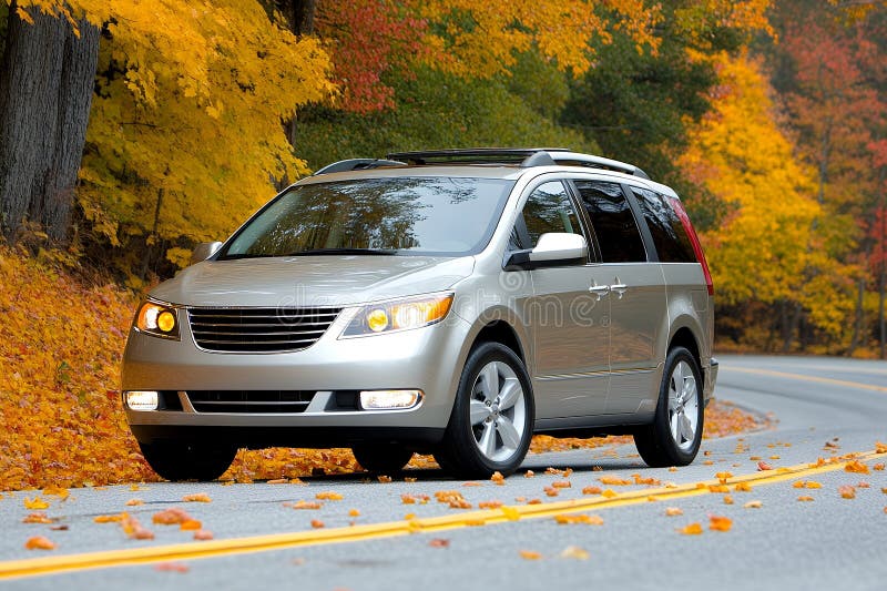 A Silver Minivan Drives Along a Scenic Road Bordered by Vibrant Autumn ...