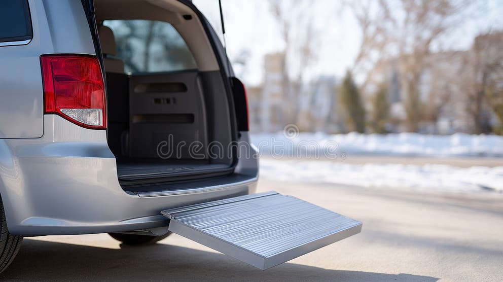 Silver Minivan with an Open Rear Hatch and a Retractable Ramp ...