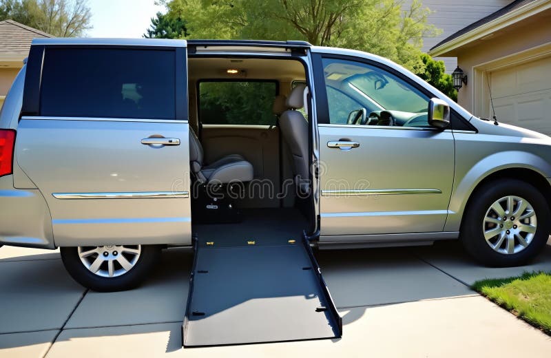 Silver Minivan with Open Side Door, Wheelchair Ramp. Vehicle Adaptation ...