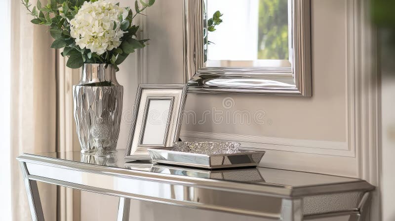 Silver Mirrored Console Table with Elegant Decor Stock Illustration ...