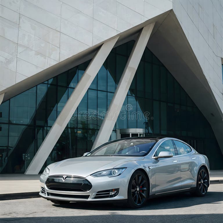A Silver Modern Car is Parked in Front of a Modern Building with a ...