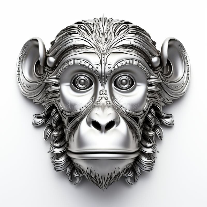 Silver Monkey Head 3d Illustration with Ornate Simplicity Stock ...