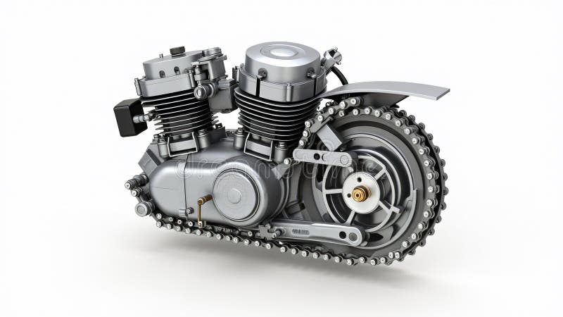 Silver Motorcycle Engine with Wheel and Chain on White Stock ...