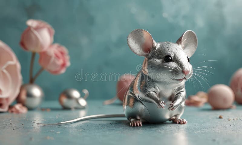 A Silver Mouse is Sitting in Front of a Pink Rose and a Bunch of Balls ...