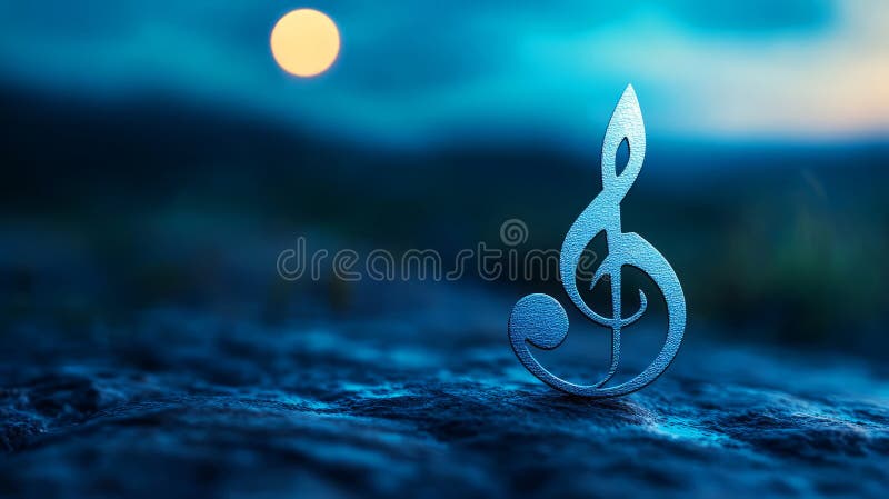 Silver Music Note Symbol on Rock in Tranquil Blue Landscape at Night ...