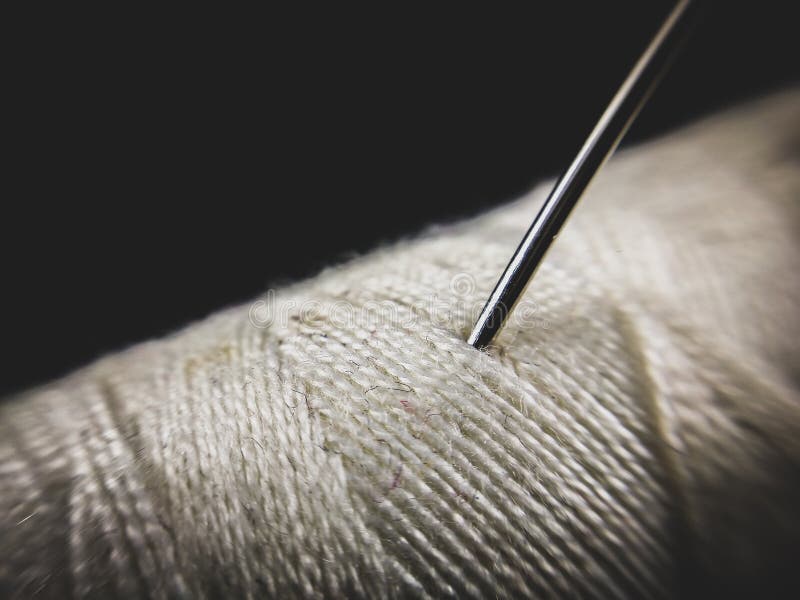 Silver Needle Stick To White Cotton Thread, Close Up Macro Shot Stock ...