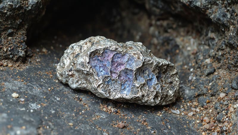 Silver Nugget with Iridescent Sheen on Rock in Cave Stock Illustration ...