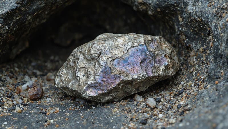 Silver Nugget with Iridescent Sheen on Rock in Cave Stock Illustration ...