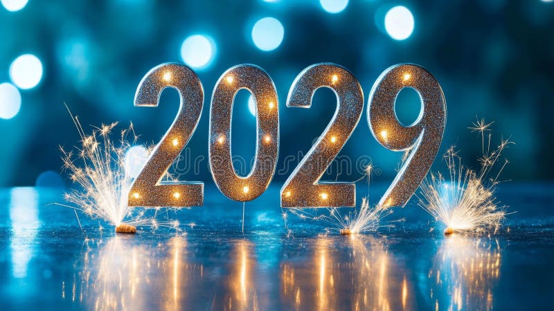 Silver 2029 Number with Glowing Lights, Fireworks, and Sparkles on Blue ...