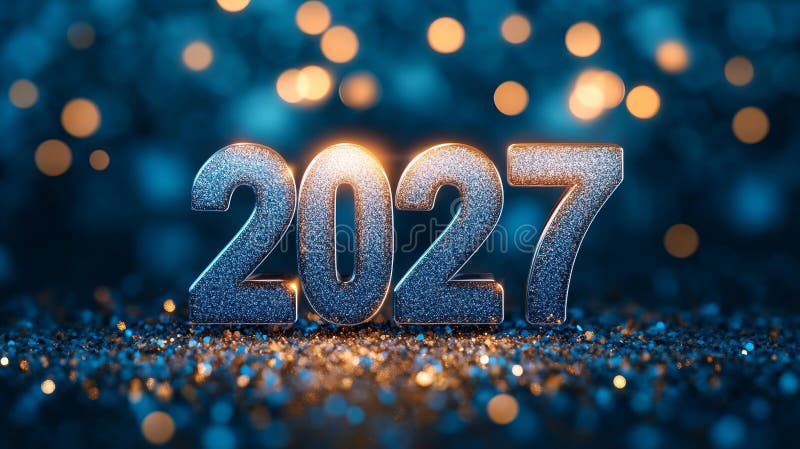 Silver 2027 Numbers on a Sparkling Teal Blue Background, Happy New Year ...