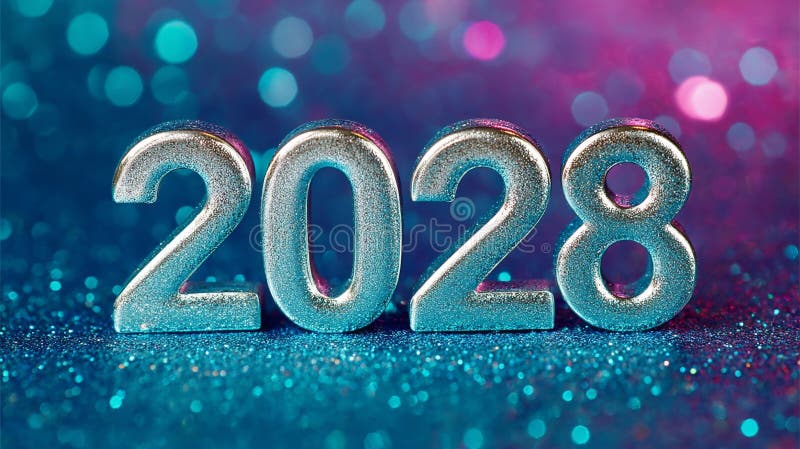 Silver 2028 Numbers on Sparkling Turquoise and Pink Glitter, New Year ...