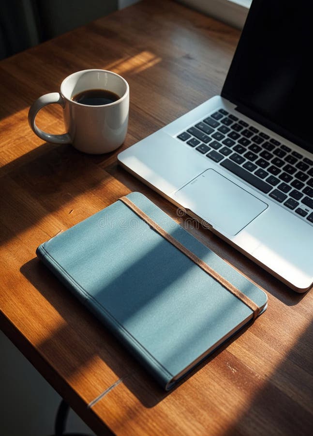 Silver Opened Laptop and Blue Notebook on Wooden Desk with a Cup of ...
