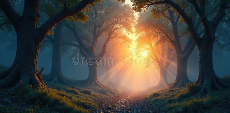 Silver Orb Bathes Ancient Trees in Ethereal Glow , Illuminated, Woods ...