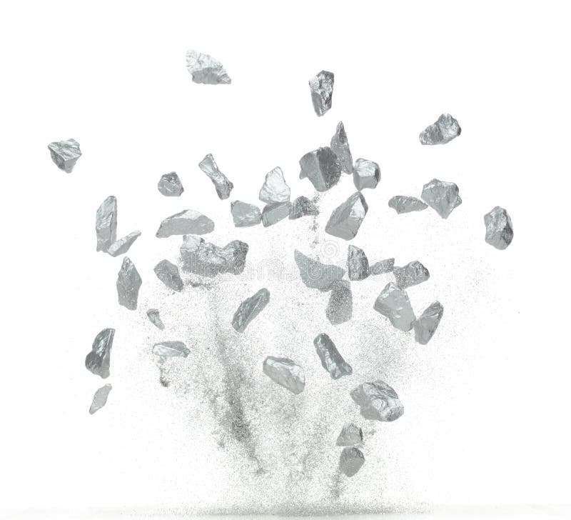 Silver Ore Nugget Fly Fall from Mining Float in Air. Many Pieces Silver ...