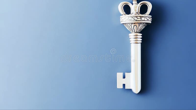 Silver Ornate Crown Topped Key Spinning Against Deep Blue Backdrop ...
