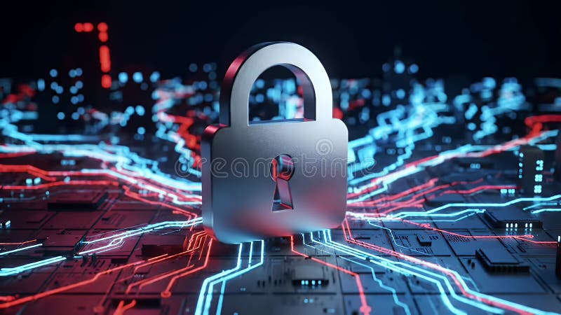Silver Padlock Protecting Data on Blue and Red Circuit Motherboard Network Depicting Digital ...