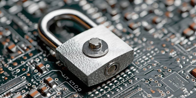 Silver Padlock Rests Securely on Circuit Board, Symbolizing ...