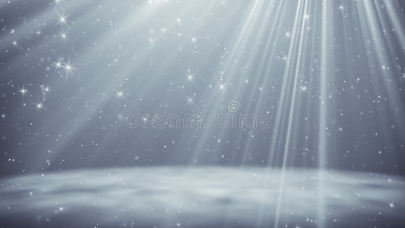 Silver Particles and Stars Flying in Light Rays Abstract Background ...