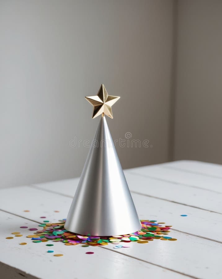 A Silver Party Hat with a Gold Star on Top is on a Table with Confetti ...