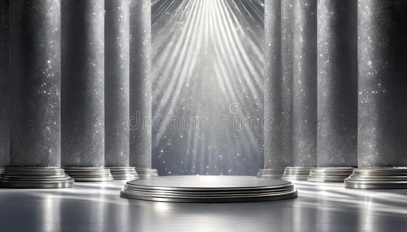Silver Pedestal Illuminated by Radiant Light Beams, Surrounded by ...