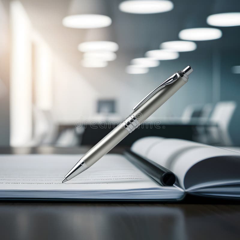 Silver Pen on Open White Document, Blurred Modern Office Backdrop Stock ...