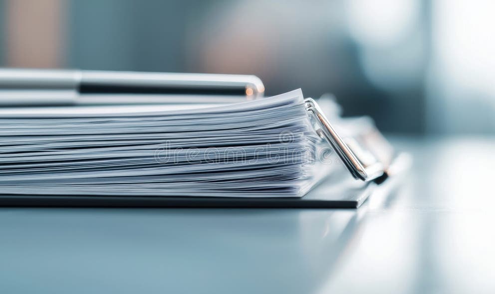 A Silver Pen Rests on Top of a Ring Binder with a Tall Stack of White ...