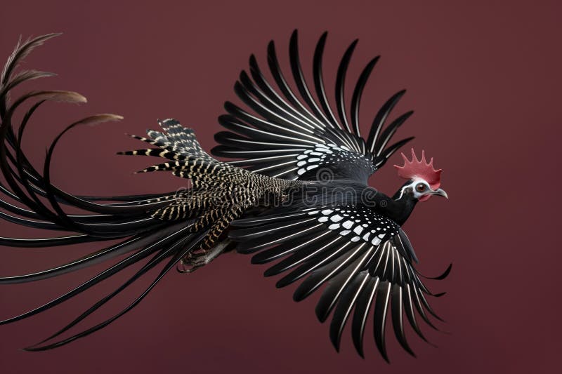 Silver Pheasant Flying with Outstretched Wings on Red Background Stock ...