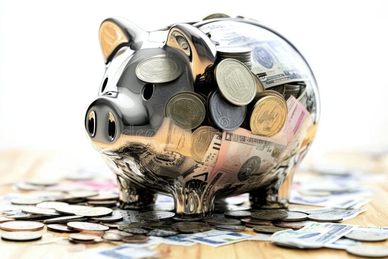 Silver Piggy Bank Filled with Coins and Banknotes Stock Photo - Image ...
