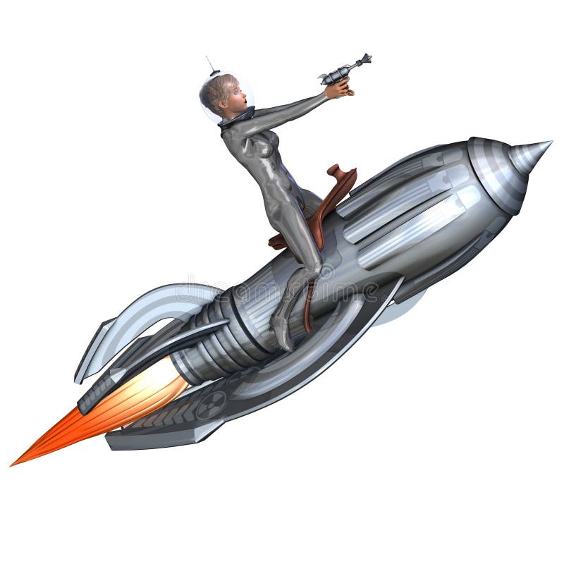 Silver Pin-up Girl Riding on a Retro Rocket Stock Illustration ...