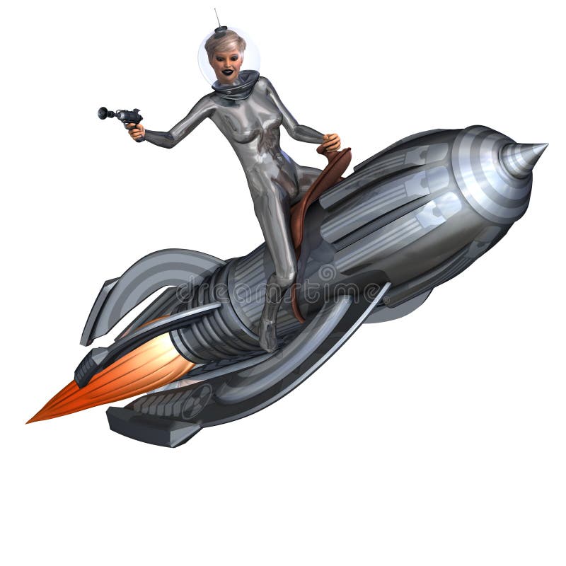Silver Pin-up Girl Riding on a Retro Rocket Stock Illustration ...