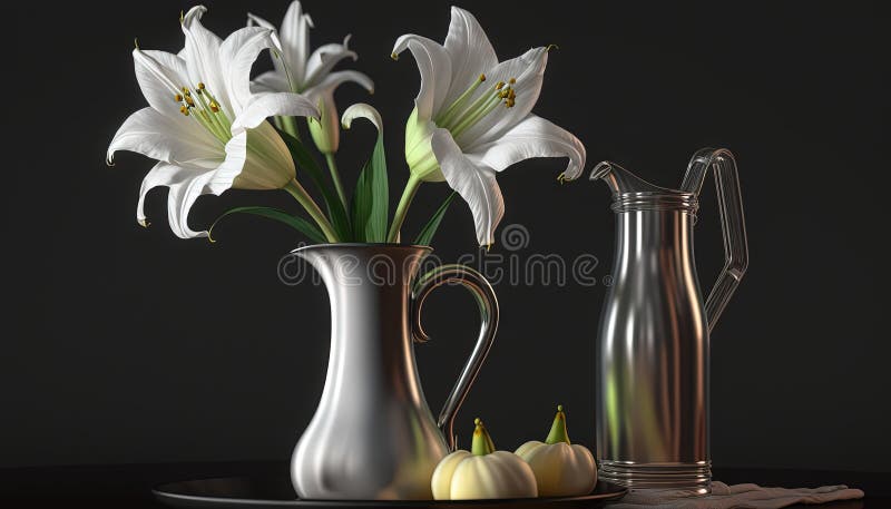 A Silver Pitcher and a Silver Vase with White Flowers in it Stock ...