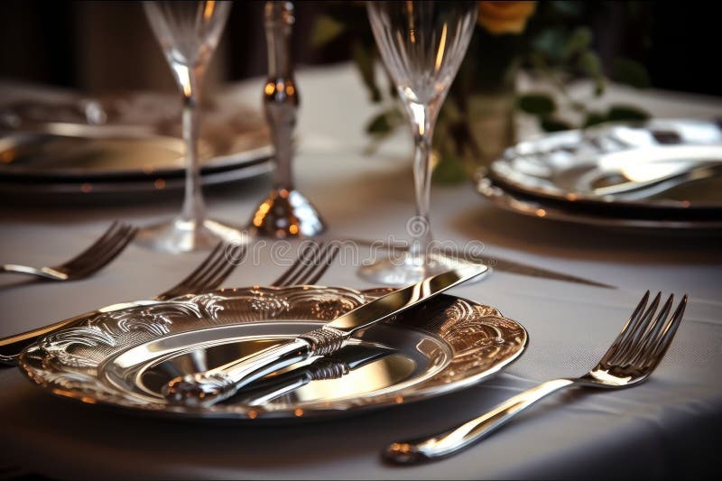 Silver Plate with Silverware on Table Stock Image - Image of tableware ...