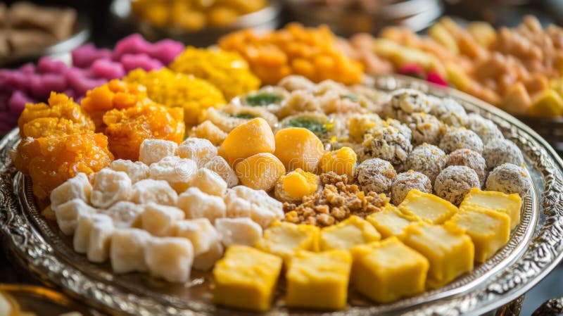 A Silver Platter Filled with Assortment of Indian Sweets Stock ...