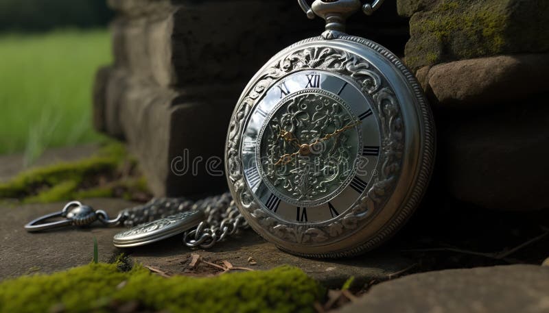 A Silver Pocket Watch Sitting on a Stone Wall Next To a Chain ...