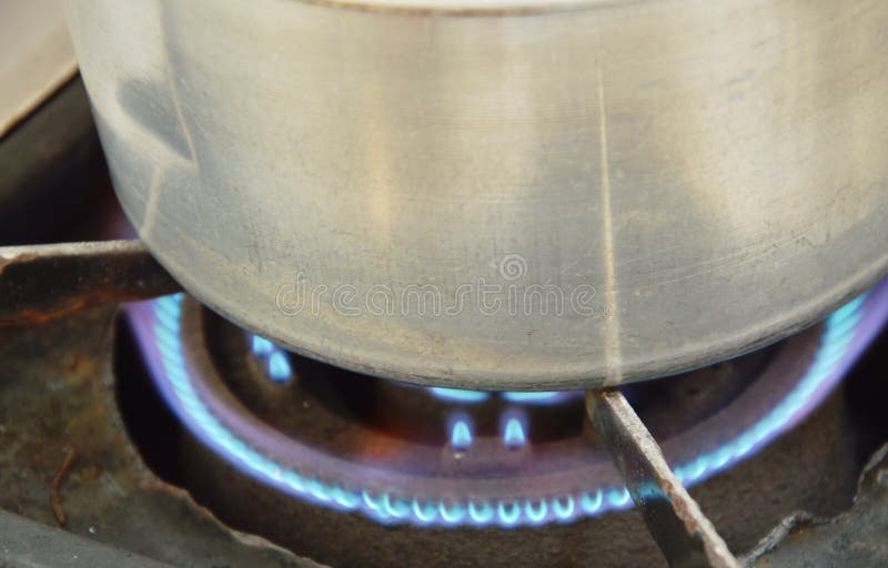 Silver Pot Boiled on Fire Gas Stove in Kitchen Stock Image - Image of ...