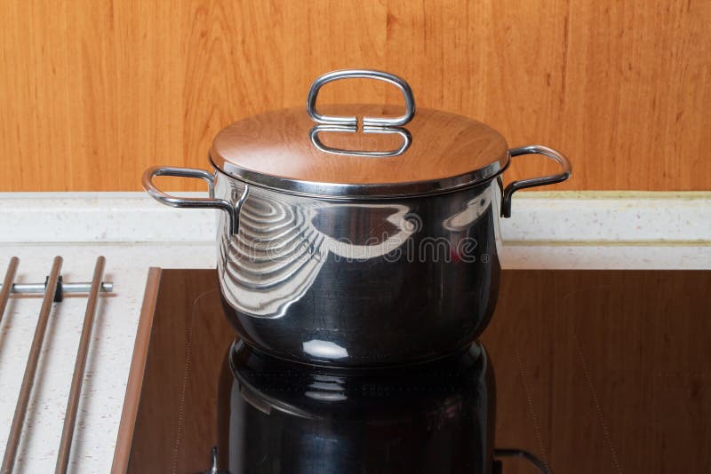 A Silver Pot with a Lid Stands on the Hob Stock Image - Image of ...