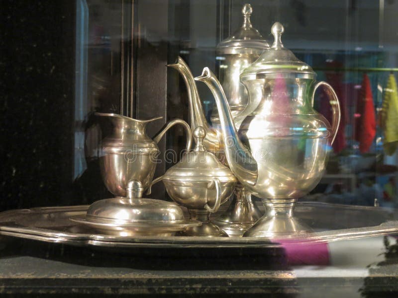 Silver pots on display stock image. Image of luxurious - 94576965