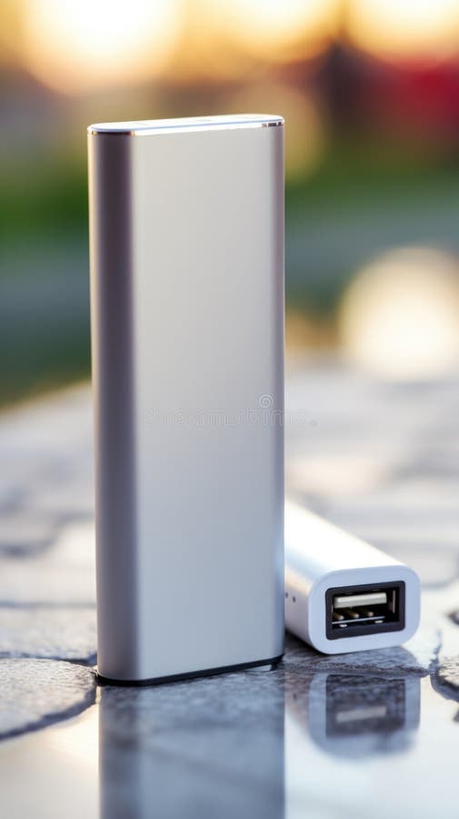 A Silver Power Bank Sitting on a Table, AI Stock Illustration ...