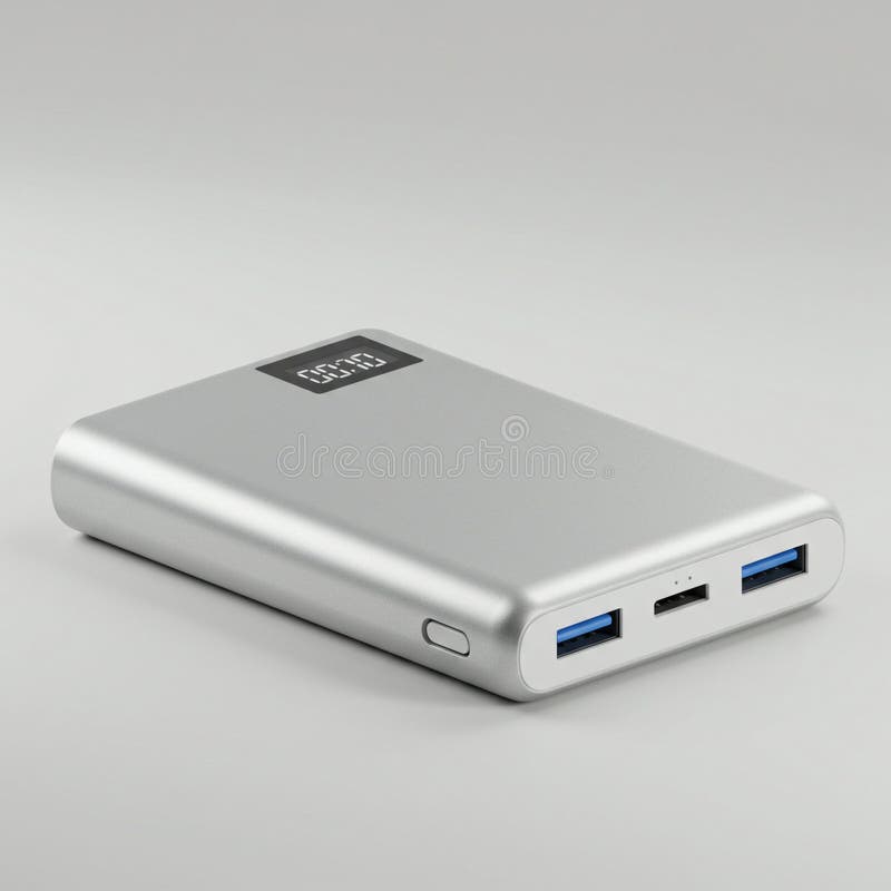 Silver Power Bank with a Sleek, Rectangular Design Featuring Rounded ...