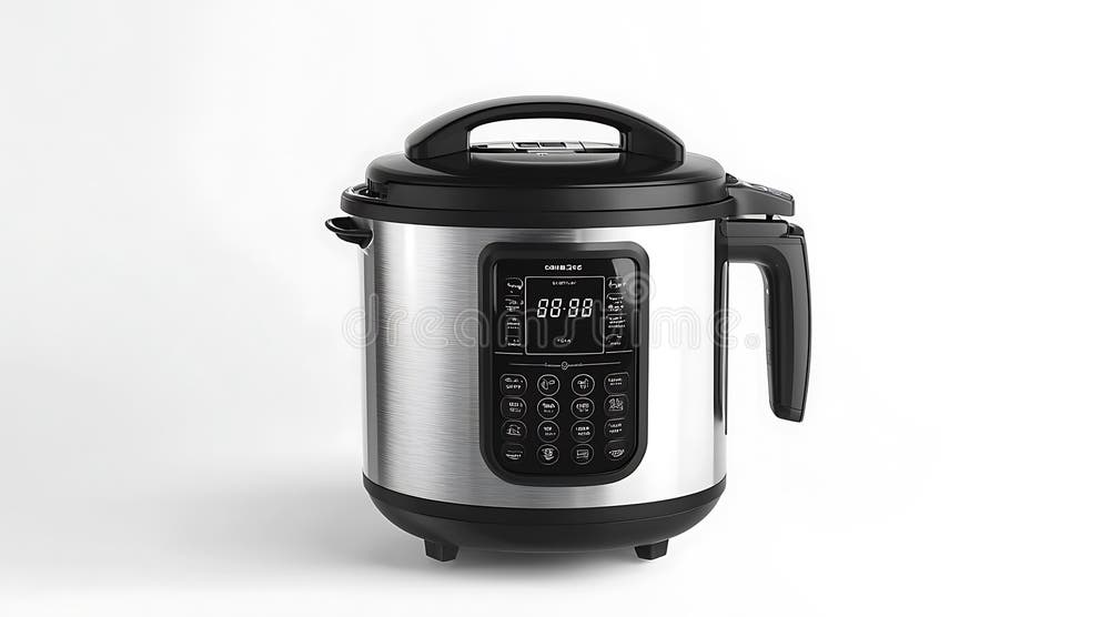 A Silver Pressure Cooker with a Timer and a Black Handle Stock ...