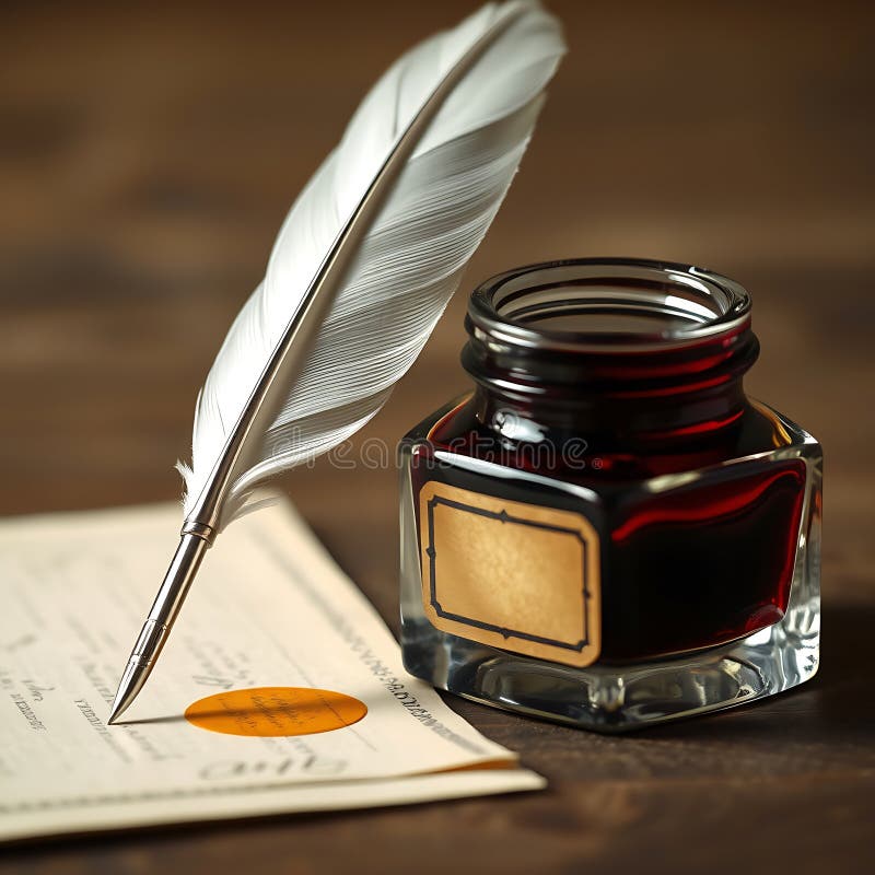 A Silver Quill Pen Resting beside an Open Inkwell Stock Illustration ...