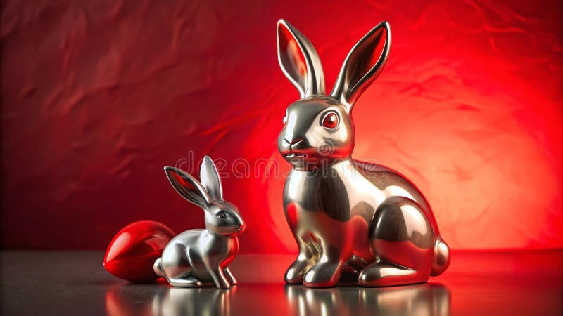 Silver Rabbits and Red Heart Decoration on Dark Surface. Generative AI ...