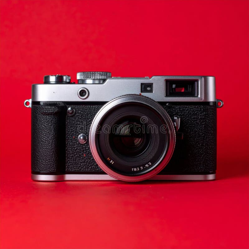 Silver Rangefinder Camera on Red Background Stock Illustration ...
